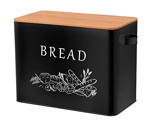 TeamFar Bread Box with Wooden Lid, 13.1” x 7.2” x 9.7” Metal Bread Container Storage Holder for Family Farmhouse Kitchen Countertop, Powder-Coated & Healthy, Large Capacity & Classic Pattern (Black)