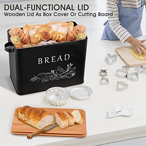 TeamFar Bread Box with Wooden Lid, 13.1” x 7.2” x 9.7” Metal Bread Container Storage Holder for Family Farmhouse Kitchen Countertop, Powder-Coated & Healthy, Large Capacity & Classic Pattern (Black)