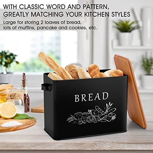 TeamFar Bread Box with Wooden Lid, 13.1” x 7.2” x 9.7” Metal Bread Container Storage Holder for Family Farmhouse Kitchen Countertop, Powder-Coated & Healthy, Large Capacity & Classic Pattern (Black)