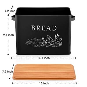 TeamFar Bread Box with Wooden Lid, 13.1” x 7.2” x 9.7” Metal Bread Container Storage Holder for Family Farmhouse Kitchen Countertop, Powder-Coated & Healthy, Large Capacity & Classic Pattern (Black)