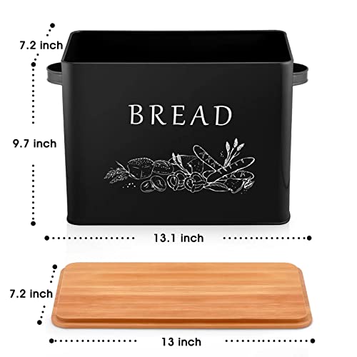 TeamFar Bread Box with Wooden Lid, 13.1” x 7.2” x 9.7” Metal Bread Container Storage Holder for Family Farmhouse Kitchen Countertop, Powder-Coated & Healthy, Large Capacity & Classic Pattern (Black)