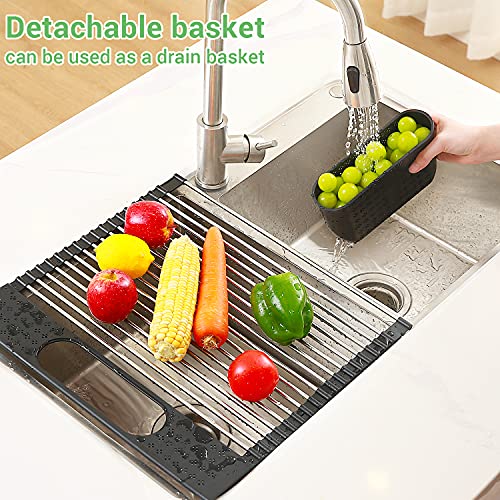 Ohuhu Roll Up Dish Drying Rack with Utensil Holder, Sink Dish Drying Rack 17.3" L x 15.6" W Dish Drainer Multipurpose Collapsible Dish Racks for Kitchen Counter Organizer