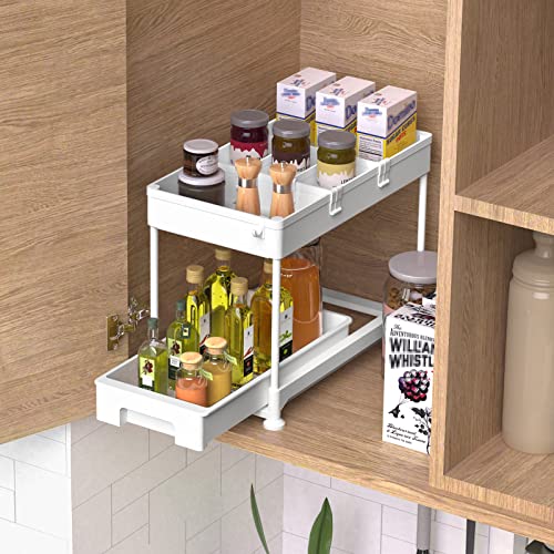 SPACEKEEPER Under Sink Organizer, Sliding Cabinet Basket Organizer 2 Tier Under Bathroom Storage Rack with Hooks, Hanging Cup, Dividers, Multi-purpose Storage Shelf for Bathroom Kitchen, White, 2 Pack