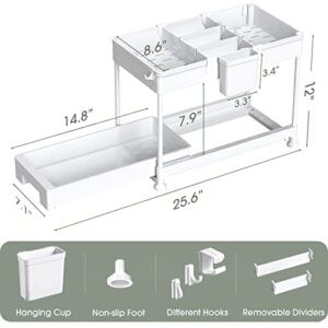 SPACEKEEPER Under Sink Organizer, Sliding Cabinet Basket Organizer 2 Tier Under Bathroom Storage Rack with Hooks, Hanging Cup, Dividers, Multi-purpose Storage Shelf for Bathroom Kitchen, White, 2 Pack