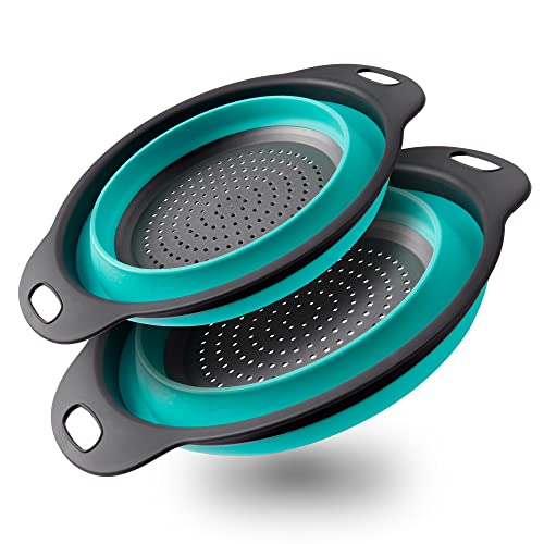 Collapsible Colander, Set of 2 PCS Collapsible Strainer, Space-Saving Kitchen Strainer, Food-Grade Silicone Folding Strainer Colander with Handle,7.7", 9.3"