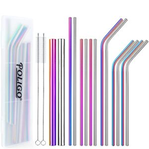 poligo 16pcs reusable stainless steel straws, colorful rainbow drinking straws, iridescent metal straws with portable case and cleaning brushes for 20, 30 oz yeti tumbler, smoothies and bubble tea