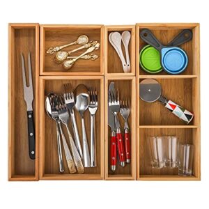 youeon set of 6 bamboo drawer organizer storage box, adjustable cutlery tray utensil tray silverware organizer multi-use for desk, closet, bathroom, office, makeup, jewelry