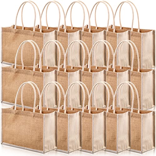 16 Pack Jute Tote Gift Bags Natural Jute Grocery Shopping Bags Burlap Beach Bags with Cotton Handles Reusable Burlap Totes for Christmas Bridesmaid Wedding Bachelorette Gift Shopping Travel Beach DIY