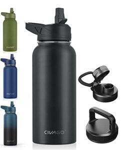 civago 32 oz insulated water bottle with straw, stainless steel sports water cup flask with 3 lids (straw, spout and handle lid), wide mouth travel thermo mug, midnight black