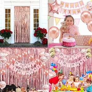 Rose Gold Birthday Party Decorations, Happy Birthday Banner, Rose Gold Fringe Curtain, Heart Star Foil Confetti Balloons, Hanging Swirls for Women Girls Birthday Princess Party