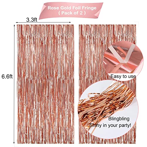 Rose Gold Birthday Party Decorations, Happy Birthday Banner, Rose Gold Fringe Curtain, Heart Star Foil Confetti Balloons, Hanging Swirls for Women Girls Birthday Princess Party