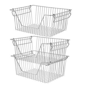 slideep large stackable storage baskets cabinet organizer sturdy metal wire pantry freezer bin for pantry home bathroom kitchen organization 3 packs