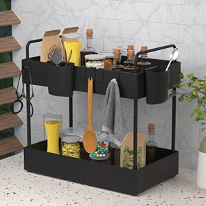 Ormeli Under Sink Organizer, 2 Tier Bathroom Sink Storage Under Cabinet Organizer Baskets Kitchen Countertop Organizer Multi-purpose Bath Collection Baskets with 6 Hooks 2 Hanging Cups(1 Pack, Black)