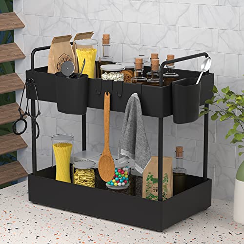 Ormeli Under Sink Organizer, 2 Tier Bathroom Sink Storage Under Cabinet Organizer Baskets Kitchen Countertop Organizer Multi-purpose Bath Collection Baskets with 6 Hooks 2 Hanging Cups(1 Pack, Black)