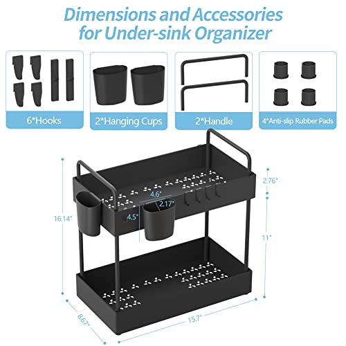 Ormeli Under Sink Organizer, 2 Tier Bathroom Sink Storage Under Cabinet Organizer Baskets Kitchen Countertop Organizer Multi-purpose Bath Collection Baskets with 6 Hooks 2 Hanging Cups(1 Pack, Black)