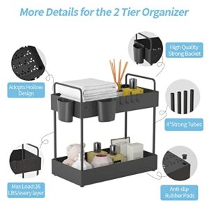 Ormeli Under Sink Organizer, 2 Tier Bathroom Sink Storage Under Cabinet Organizer Baskets Kitchen Countertop Organizer Multi-purpose Bath Collection Baskets with 6 Hooks 2 Hanging Cups(1 Pack, Black)