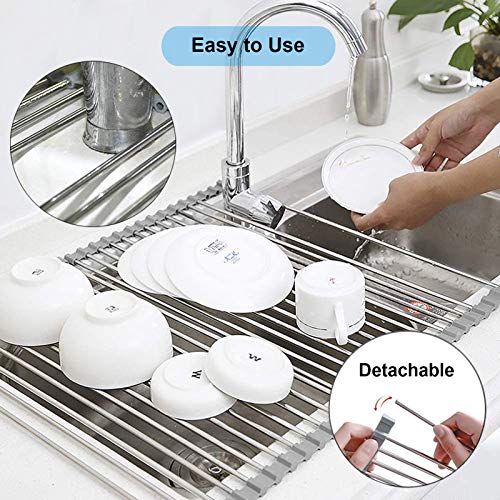 Booreina Over The Sink Dish Drying Rack, Roll up Sink Dish Drainer Rack Multipurpose Foldable Kitchen Stainless Steel Dish Rack Sink Drying Rack (17” x 11.8”)