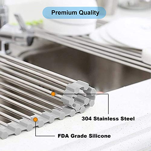 Booreina Over The Sink Dish Drying Rack, Roll up Sink Dish Drainer Rack Multipurpose Foldable Kitchen Stainless Steel Dish Rack Sink Drying Rack (17” x 11.8”)