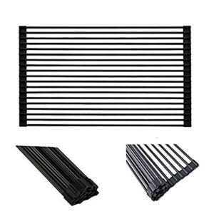 Ahyuan Large Roll up Dish Drying Rack Foldable Dish Rack Over Sink Dish Drainer Roll-up Sink Drying Rack Full Silicone Coated Stainless Still Dish Drying Rack (Matte Black)