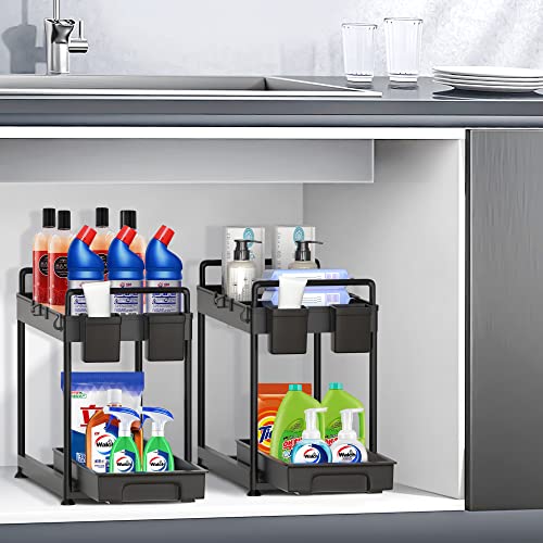 2Pack Under Sink Organizers and Storage,2Tier Pull Out Bathroom Cabinet Organizer with Sliding Drawers,Black Sliding Organization and Storage for Bathroom,Kitchen,Countertop,Black, free size