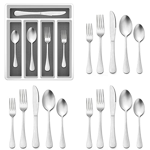 20-Piece Silverware Set with Tray, E-far Stainless Steel Flatware Cutlery Set Service for 4, Eating Utensils Tableware with Plastic Organizer for Home Kitchen, Matte Finished & Dishwasher safe