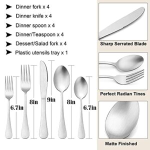 20-Piece Silverware Set with Tray, E-far Stainless Steel Flatware Cutlery Set Service for 4, Eating Utensils Tableware with Plastic Organizer for Home Kitchen, Matte Finished & Dishwasher safe