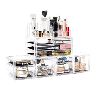 dreamgenius makeup organizer 4 pieces acrylic makeup storage organizer box with 9 drawers for lipstick jewerly and makeup brushes, stackable cosmetic display cases for dresser and bathroom countertop