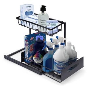 under sink organizer, 2-tier sliding cabinet basket organizer rack with 4 hooks, multi-purpose black under sink storage and under sink shelf for bathroom kitchen