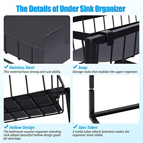 Under Sink Organizer, 2-Tier Sliding Cabinet Basket Organizer rack with 4 Hooks, Multi-purpose Black Under Sink Storage and Under Sink Shelf for Bathroom Kitchen