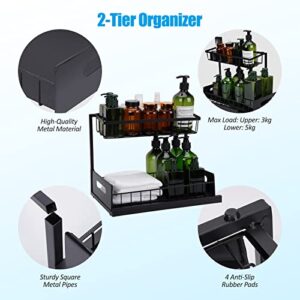 Under Sink Organizer, 2-Tier Sliding Cabinet Basket Organizer rack with 4 Hooks, Multi-purpose Black Under Sink Storage and Under Sink Shelf for Bathroom Kitchen