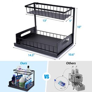 Under Sink Organizer, 2-Tier Sliding Cabinet Basket Organizer rack with 4 Hooks, Multi-purpose Black Under Sink Storage and Under Sink Shelf for Bathroom Kitchen