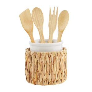 mud pie hyacinth utensil holder with utensil set, white/tan, crock 6.26″ x 5.5″ dia | utensils 10″