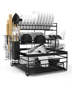 3 tier dish drainer rack for kitchen counter, large capacity dish drying rack with drainboard,cup holder,cutting board rack and cutlery holder,detachable stainless steel dish drying rack for kitchen