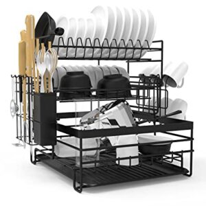 3 Tier Dish Drainer Rack for Kitchen Counter, Large Capacity Dish Drying Rack with Drainboard,Cup Holder,Cutting Board Rack and Cutlery Holder,Detachable Stainless Steel Dish Drying Rack for Kitchen