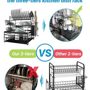 3 Tier Dish Drainer Rack for Kitchen Counter, Large Capacity Dish Drying Rack with Drainboard,Cup Holder,Cutting Board Rack and Cutlery Holder,Detachable Stainless Steel Dish Drying Rack for Kitchen