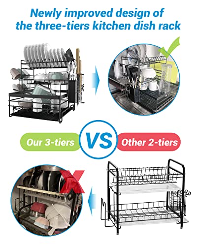 3 Tier Dish Drainer Rack for Kitchen Counter, Large Capacity Dish Drying Rack with Drainboard,Cup Holder,Cutting Board Rack and Cutlery Holder,Detachable Stainless Steel Dish Drying Rack for Kitchen