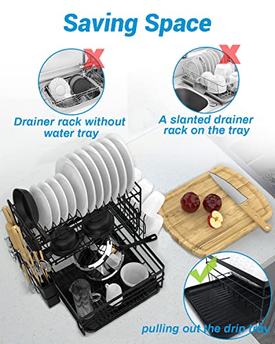 3 Tier Dish Drainer Rack for Kitchen Counter, Large Capacity Dish Drying Rack with Drainboard,Cup Holder,Cutting Board Rack and Cutlery Holder,Detachable Stainless Steel Dish Drying Rack for Kitchen