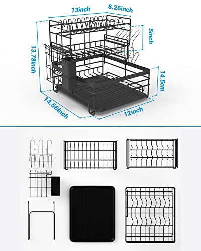 3 Tier Dish Drainer Rack for Kitchen Counter, Large Capacity Dish Drying Rack with Drainboard,Cup Holder,Cutting Board Rack and Cutlery Holder,Detachable Stainless Steel Dish Drying Rack for Kitchen