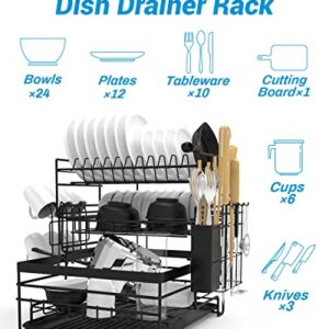 3 Tier Dish Drainer Rack for Kitchen Counter, Large Capacity Dish Drying Rack with Drainboard,Cup Holder,Cutting Board Rack and Cutlery Holder,Detachable Stainless Steel Dish Drying Rack for Kitchen