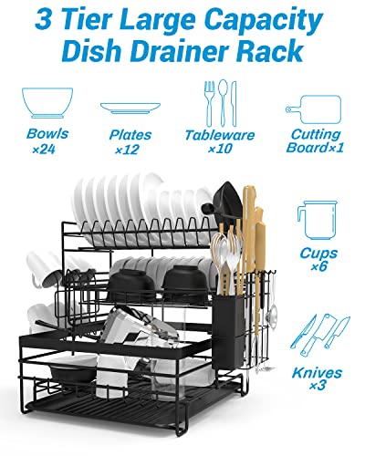 3 Tier Dish Drainer Rack for Kitchen Counter, Large Capacity Dish Drying Rack with Drainboard,Cup Holder,Cutting Board Rack and Cutlery Holder,Detachable Stainless Steel Dish Drying Rack for Kitchen