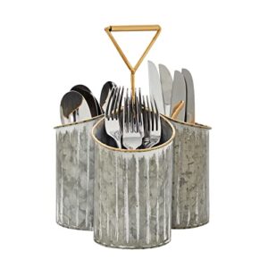 3 compartment vintage galvanized utensil holder for countertop organizer, multi-purpose caddy (rustic, 7.8 x 8 x 10.6 in)