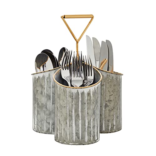 3 Compartment Vintage Galvanized Utensil Holder for Countertop Organizer, Multi-Purpose Caddy (Rustic, 7.8 x 8 x 10.6 In)