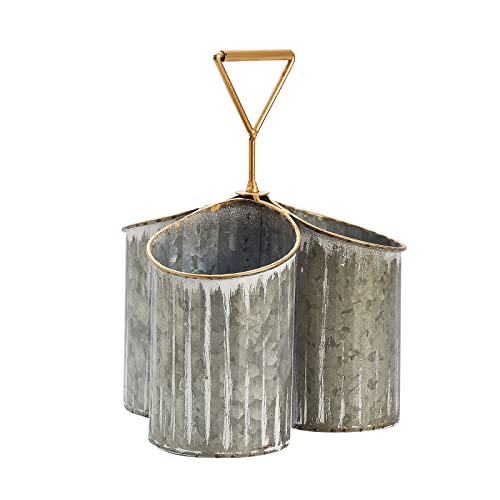 3 Compartment Vintage Galvanized Utensil Holder for Countertop Organizer, Multi-Purpose Caddy (Rustic, 7.8 x 8 x 10.6 In)