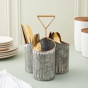 3 Compartment Vintage Galvanized Utensil Holder for Countertop Organizer, Multi-Purpose Caddy (Rustic, 7.8 x 8 x 10.6 In)