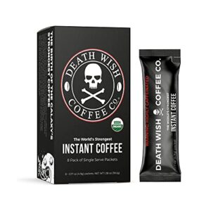 death wish coffee instant coffee dark roast, 8 single serve packets, extra kick of caffeine, bold & intense blend of arabica & robusta beans, usda organic powder, 300mg of caffeine for day lift