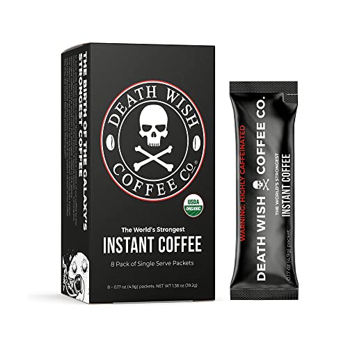 Death Wish Coffee Instant Coffee Dark Roast, 8 Single Serve Packets, Extra Kick of Caffeine, Bold & Intense Blend of Arabica & Robusta Beans, USDA Organic Powder, 300mg of Caffeine for Day Lift