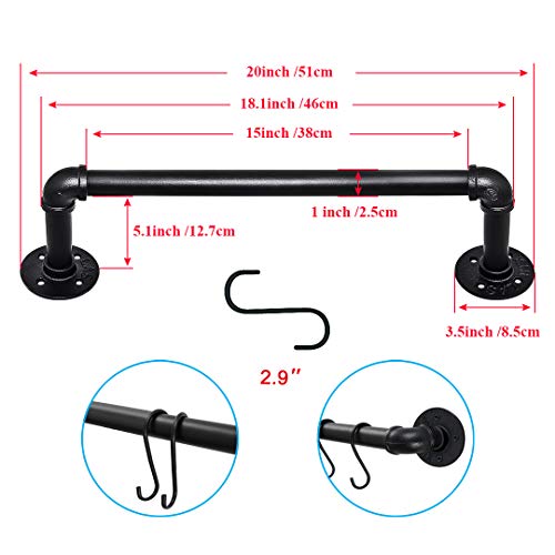 TLBTEK 20 inch Industrial Pipe Clothes Rack,Black Iron Bathroom Kitchen Towel Bar,Vintage Farmhouse DIY Wall Mounted Pot Bar Rack, Detachable Kitchen Utensils Hanger with 8 pcs S Hooks