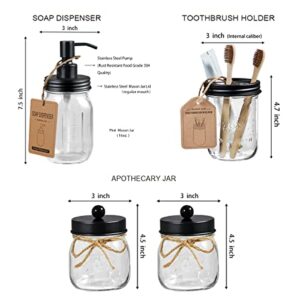 Premium Mason Jar Bathroom Accessories Set (6PCS) - Lotion Soap Dispenser,Toothbrush Holder,2 Apothecary Jars(Qtip Holder), Soap Dish,Storage Organizer Basket - Rustic Farmhouse Decor (Black)