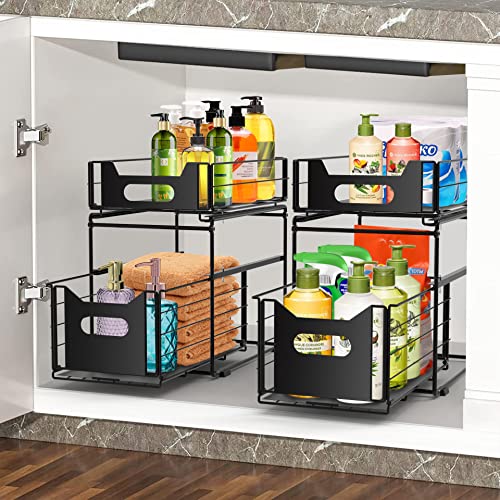 Under Sink Organizers and Storage - 2 Pack Metal Under Cabinet Organizers with Sliding Drawers,Folding Under Sink Organizer for Cabinet, Bathroom, Kitchen, Closets, Bedroom and Offices (Black)