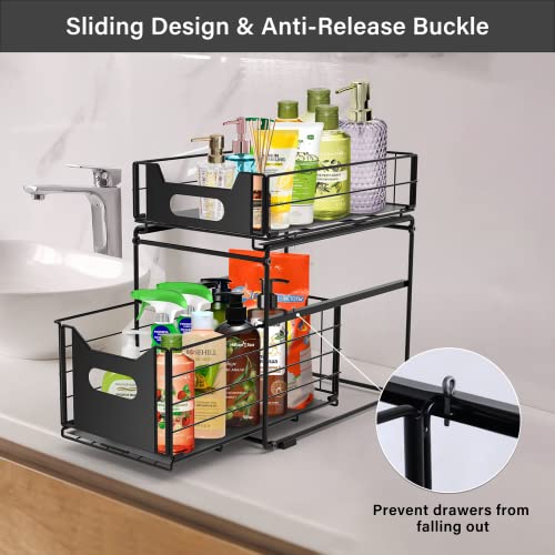 Under Sink Organizers and Storage - 2 Pack Metal Under Cabinet Organizers with Sliding Drawers,Folding Under Sink Organizer for Cabinet, Bathroom, Kitchen, Closets, Bedroom and Offices (Black)